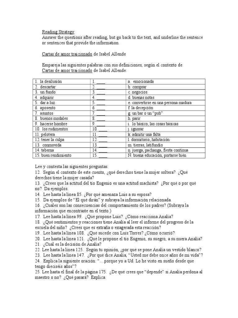 Cartas de Amor Traicionado de Isabel Allende Preguntas Segunda Parte | PDF