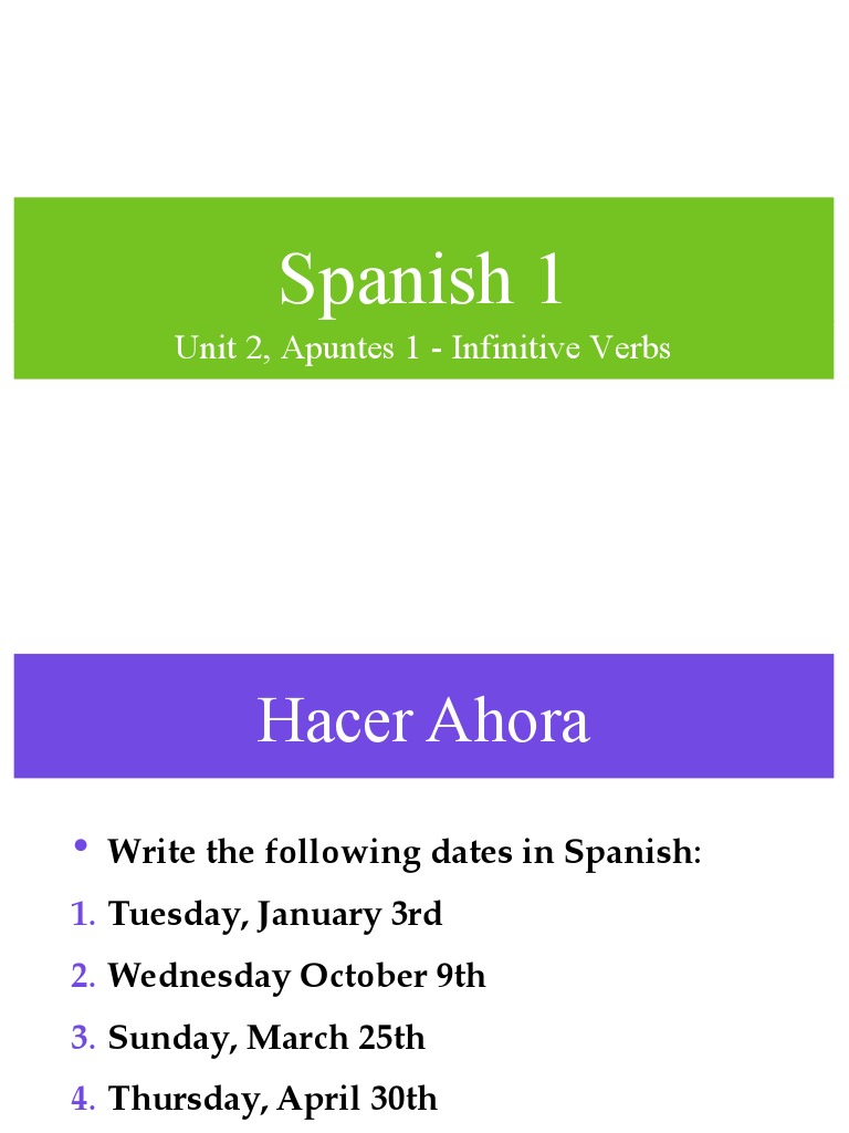 Spanish 1: Unit 2, Apuntes 1 - Infinitive Verbs | PDF