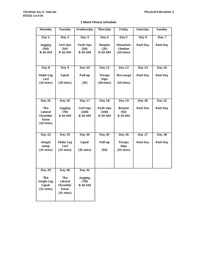 1 Mont Fitness Schedule | PDF