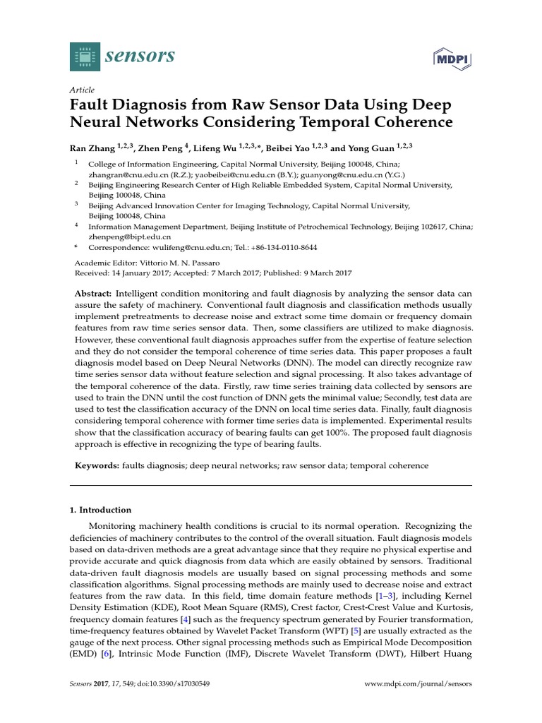 Sensors: Fault Diagnosis From Raw Sensor Data Using Deep Neural Networks Considering Temporal ...