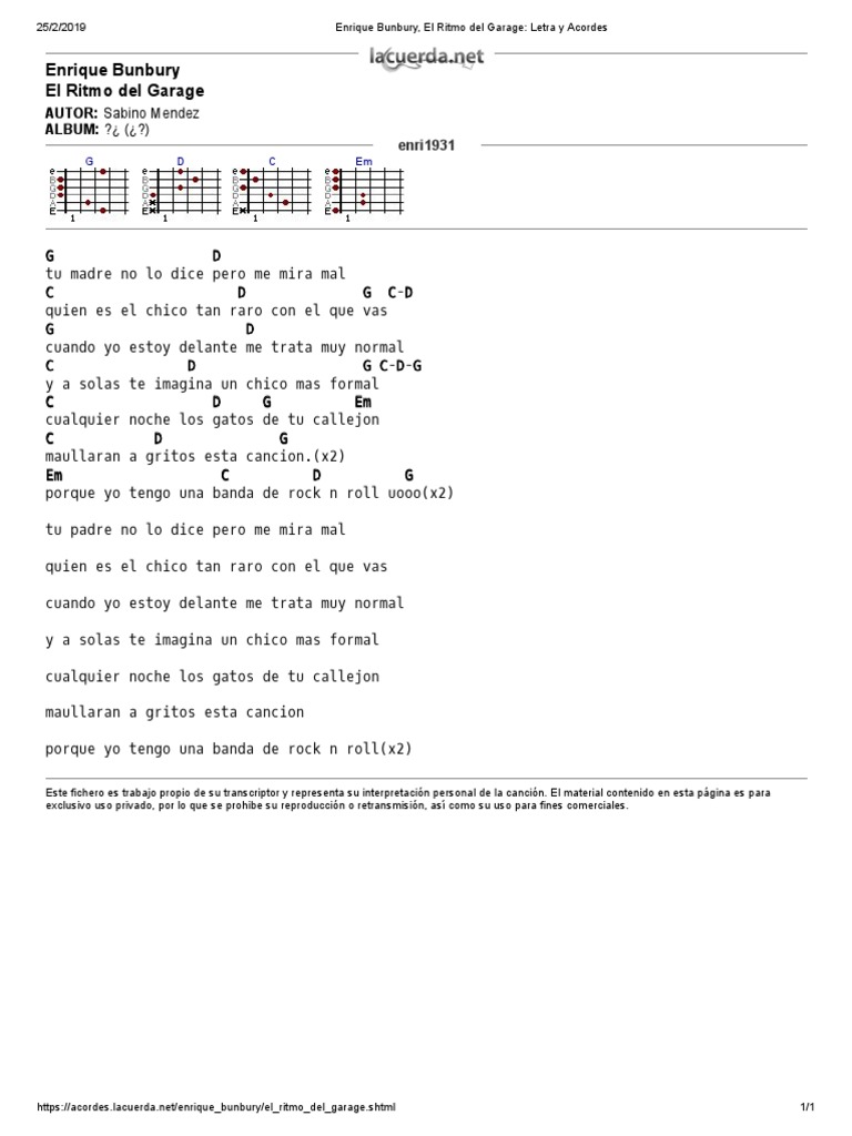 Enrique Bunbury, El Ritmo Del Garage - Letra y Acordes | PDF
