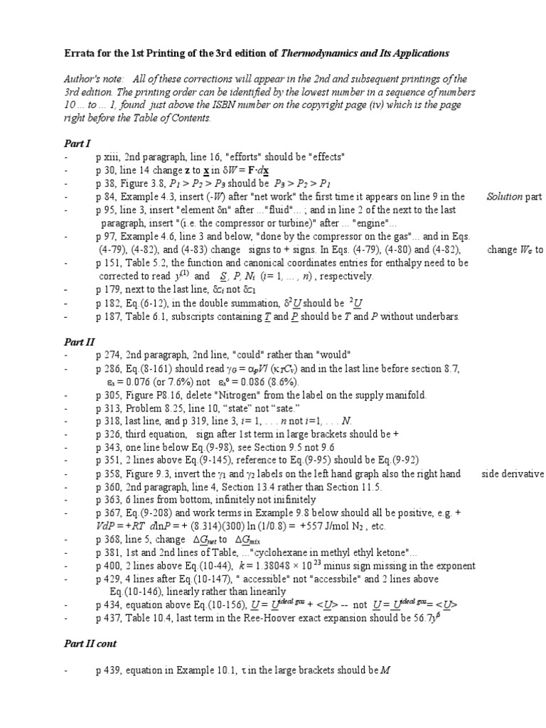 Errata For The 1st Printing of The 3rd Edition of Thermodynamics and Its Applications | PDF ...