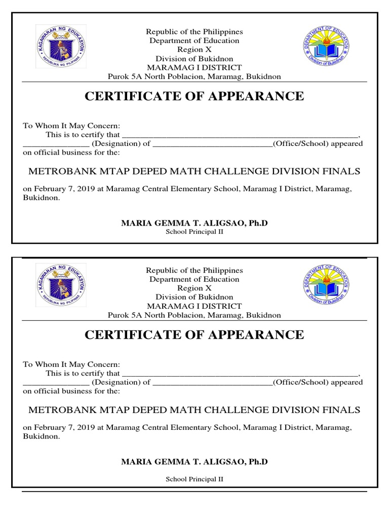 Certificate of Appearance: Metrobank Mtap Deped Math Challenge Division ...