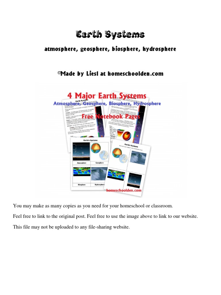 Earth Systems Atmosphere Geosphere Biosphere Hydrosphere Worksheets ...