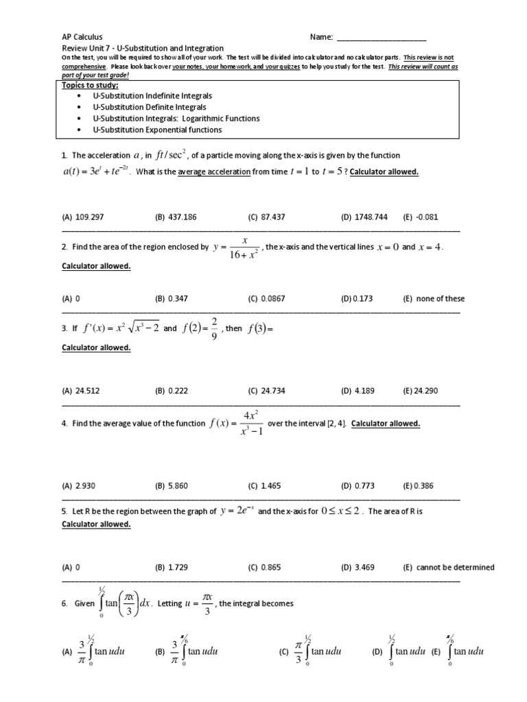 Unit 7 Review WS 2013 | PDF | Fahrenheit | Integral