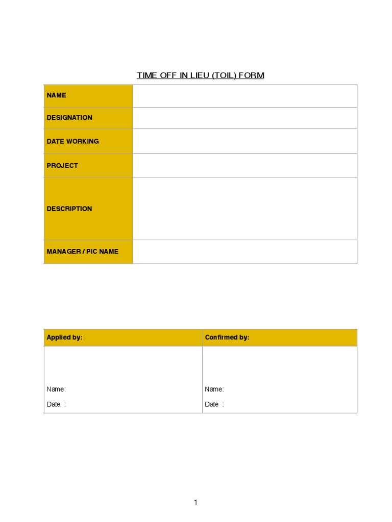Time Off in Lieu (Toil) Form: Name: Date: Name: Date | PDF