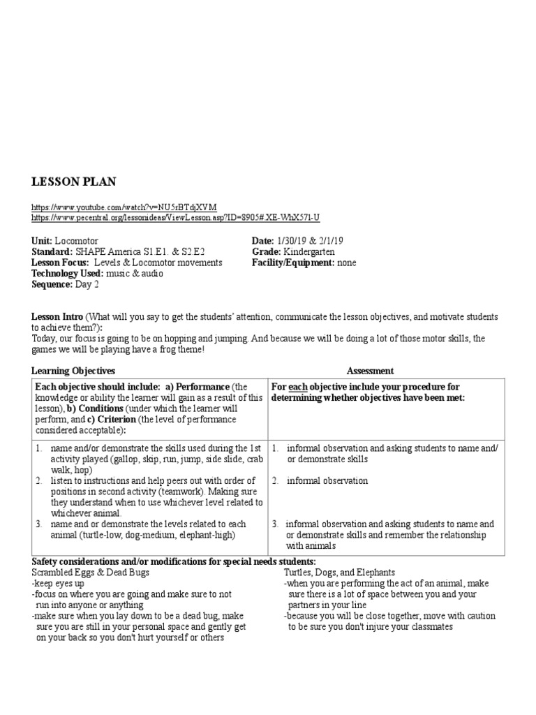 levels locomotor movements | Lesson Plan | Applied Psychology