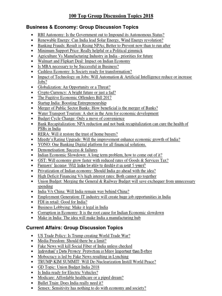 100 Top GD Topics | PDF | Economy Of India | Economies