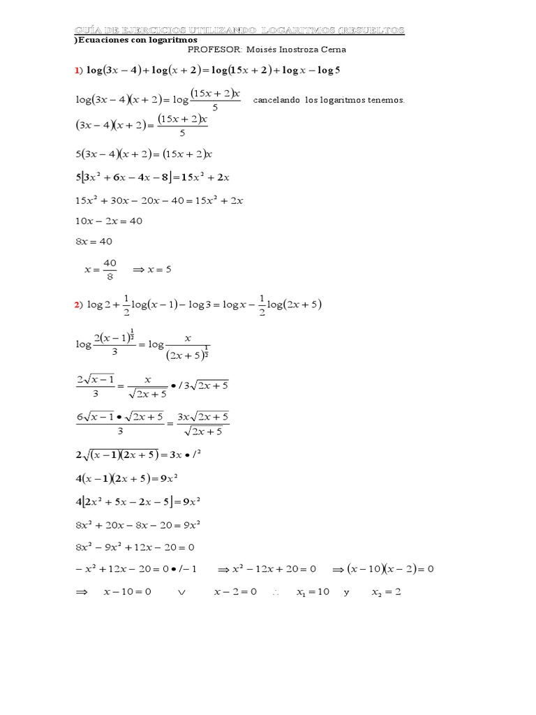Guía de Ejercicios de Logaritmos Resueltos #2 | PDF | Matemática ...