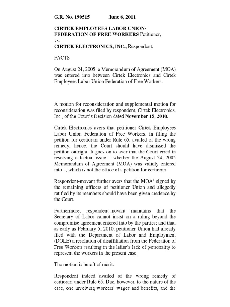 Cirtek Employees Vs Cirtek Electronics | PDF | Certiorari | Trade Union