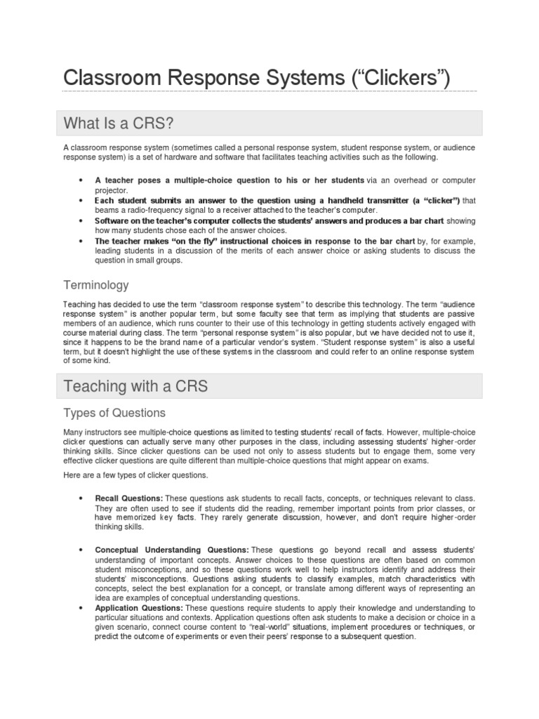 Classroom Response Systems ("Clickers") : What Is A CRS? | PDF ...