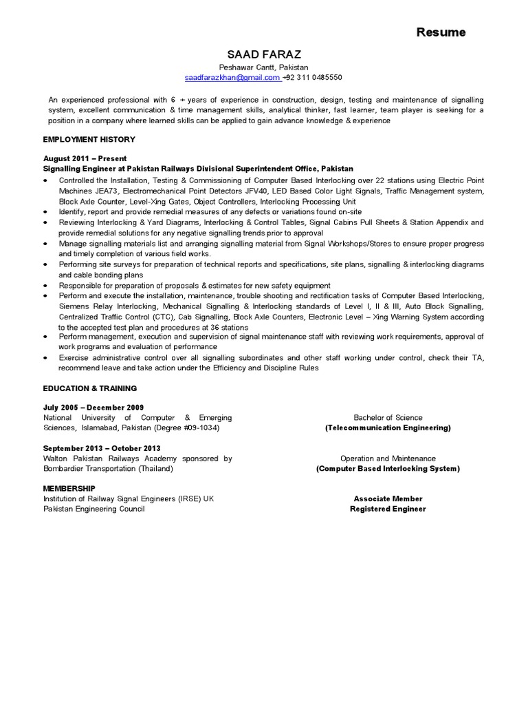 Saad Faraz: Signalling Engineer Resume | PDF | Engineering | Rail Transport