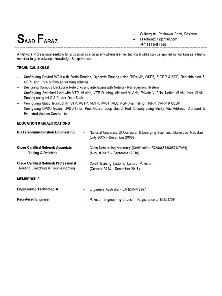 Network Professional Resume - Saad Faraz | PDF | Router (Computing ...