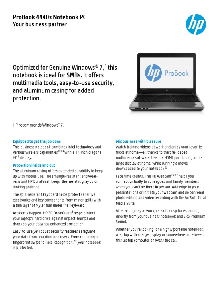 HP ProBook 4440s Datasheet PDF | PDF | Laptop | Intel