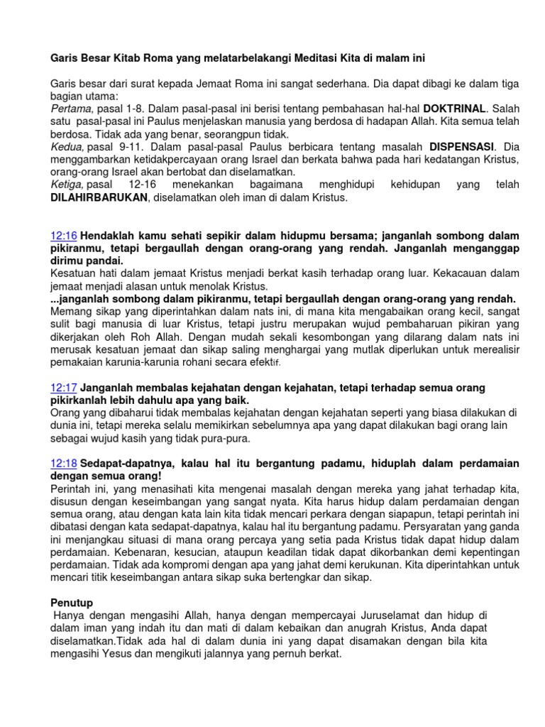 Garis Besar Kitab Roma Yang Melatarbelakangi Meditasi Kita Di Malam Ini | PDF