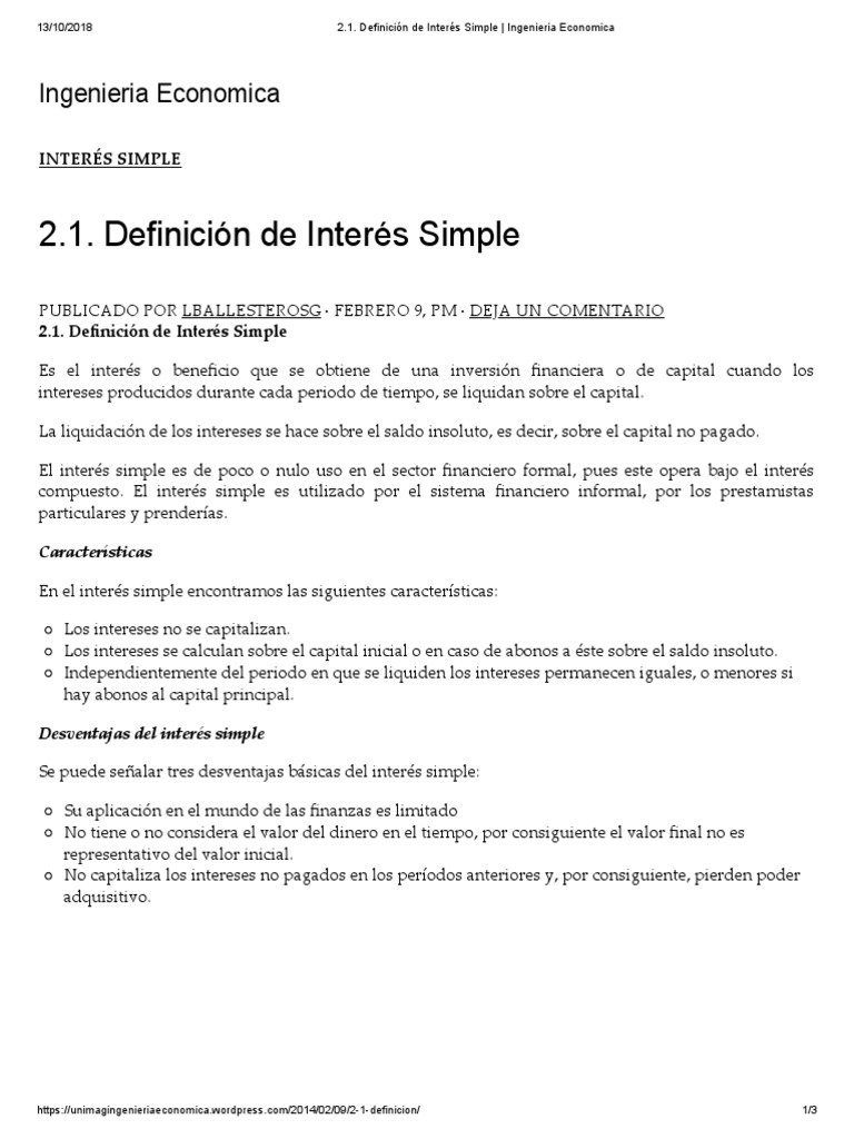 2.1. Definición de Interés Simple - Ingenieria Economica | PDF ...