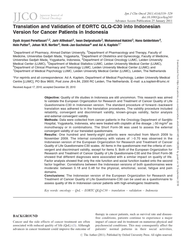EORTC QLQ-C30 Into Indonesian Version | PDF | Validity (Statistics) | Cancer