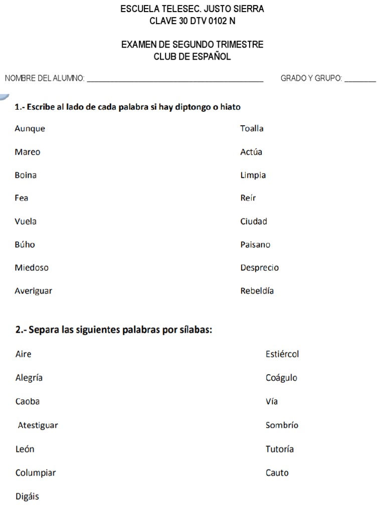 Examen de Diptongo, Hiato y Uso de C S Z G J | PDF