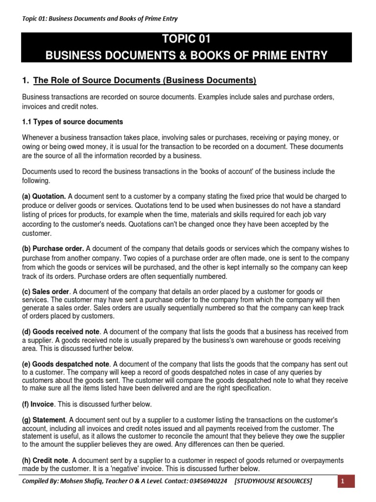 Source Documents - and - Books of Prime Entry Notes | PDF | Debits And ...