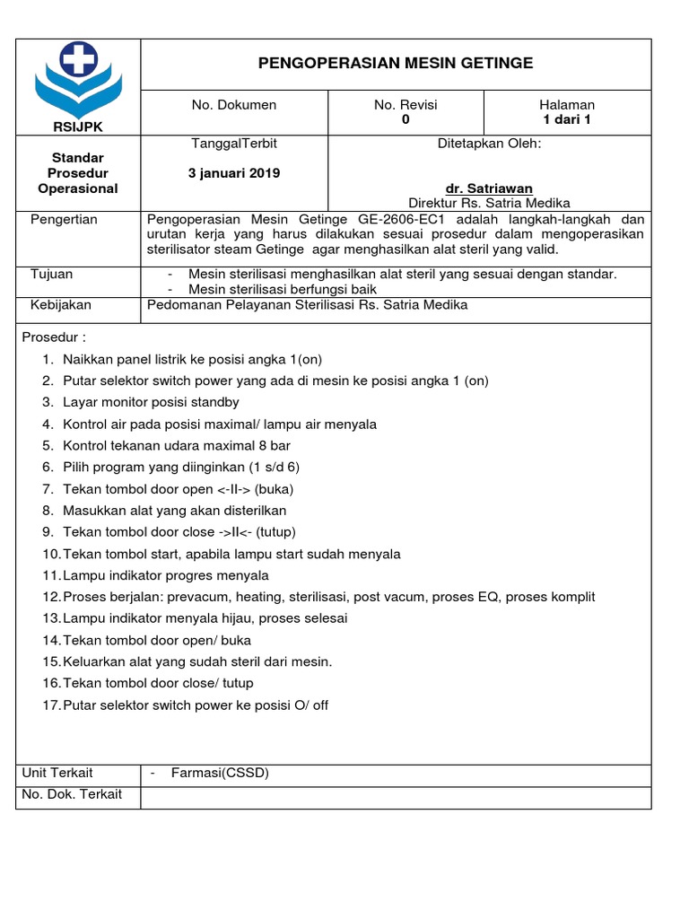 011 Spo Pengoperasian Mesin Getinge Hs 6613 | PDF | Teknologi & Rekayasa