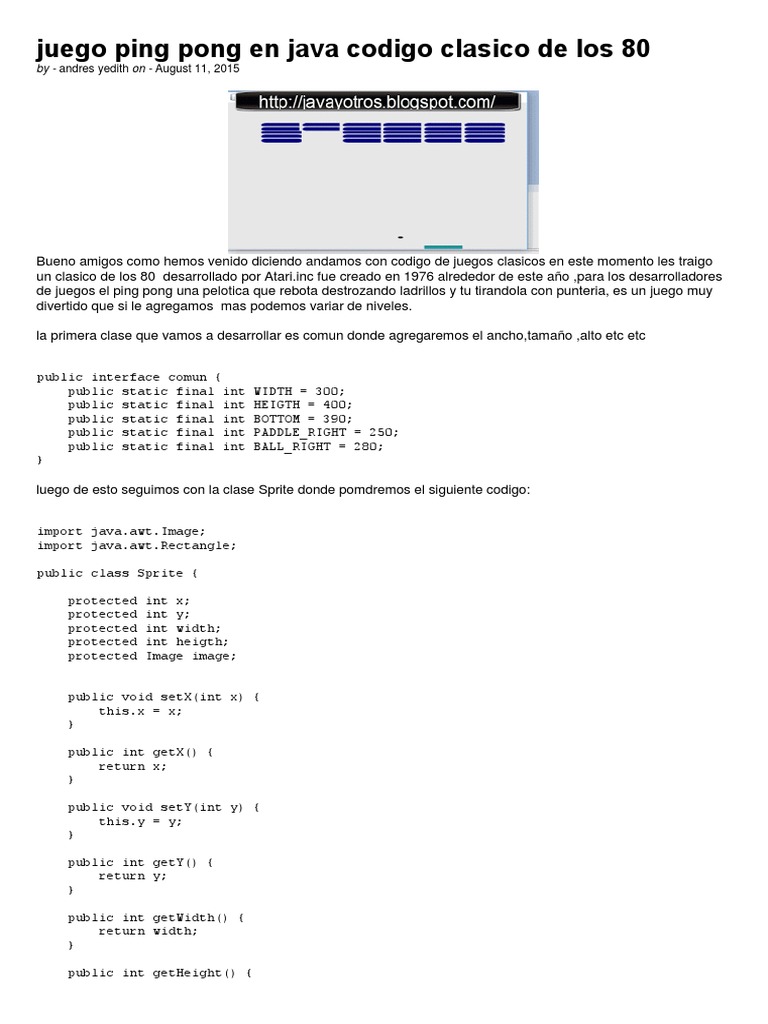 Juego Ping Pong en Java Codigo Clasico de Los 80 | PDF | Deportes de ...