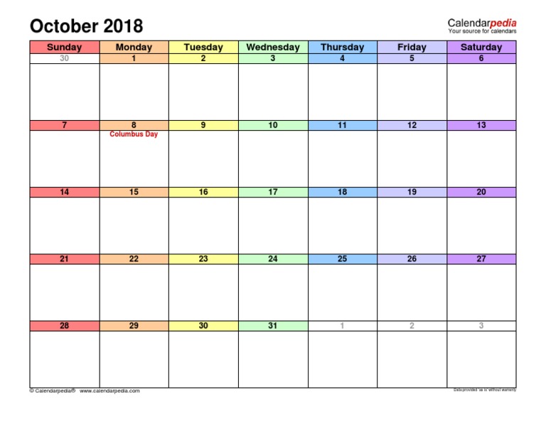 October 2018 Calendar Landscape | PDF