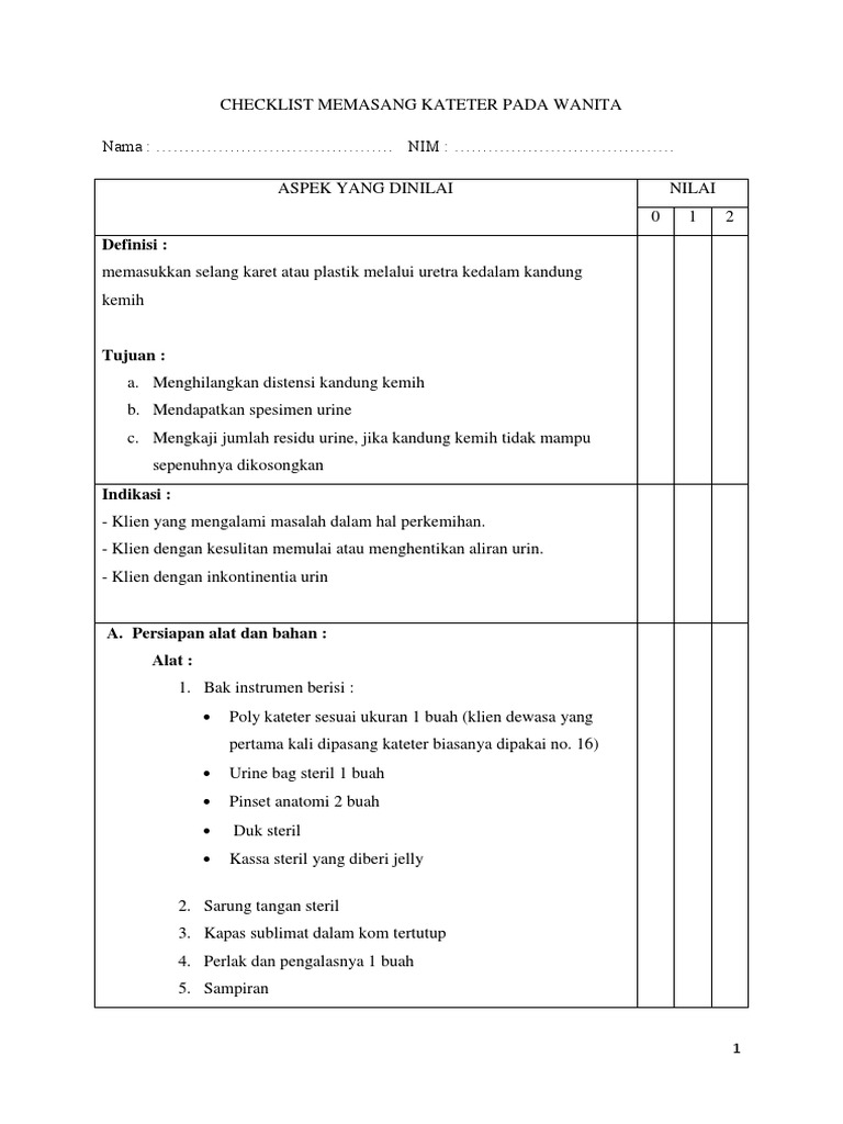 Checklist Memasang Kateter Pada Wanita. | PDF