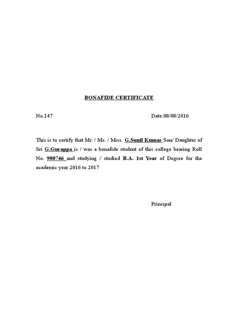 Bonafide Certificate