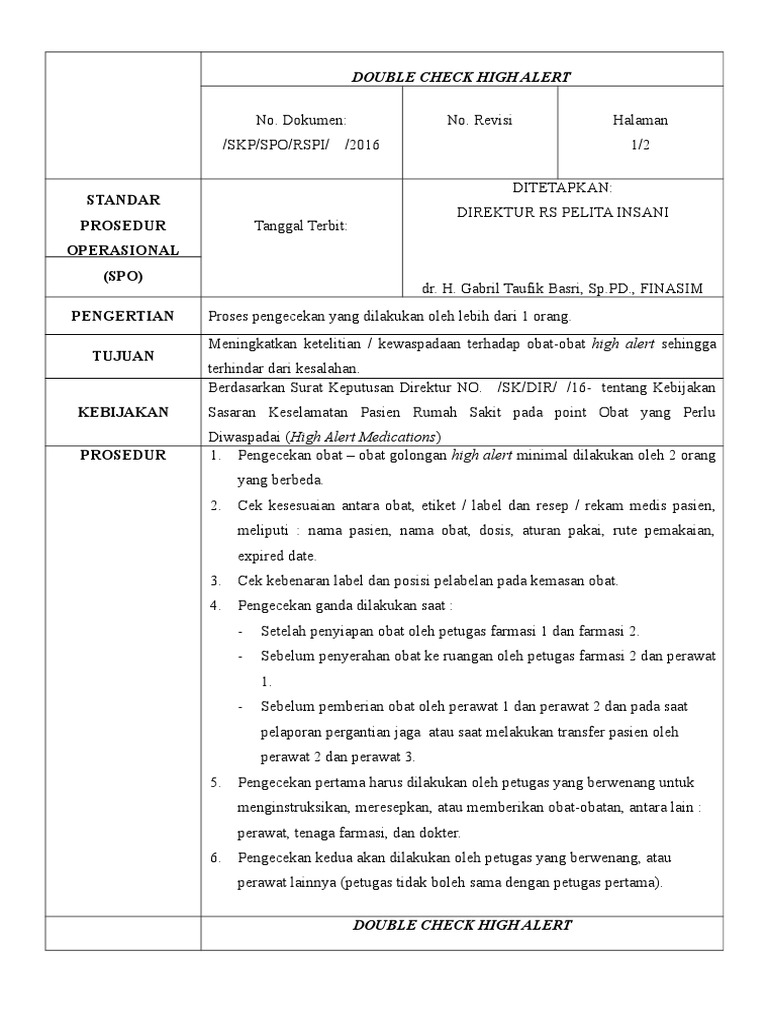 Spo Double Check Obat High Alert Revisi I | PDF