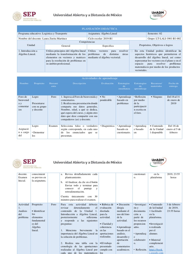 Planeación Didáctica Álgebra Lineal | PDF | Matriz (Matemáticas) | Prueba (evaluación)