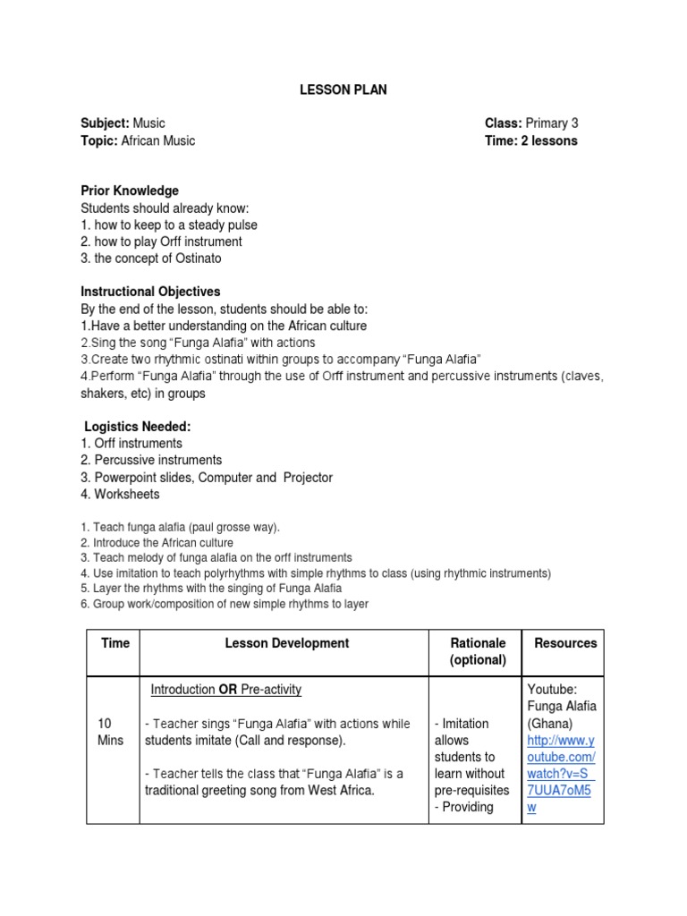 World Music Africa Lesson Plan Funga Alafia | PDF | Rhythm | Singing