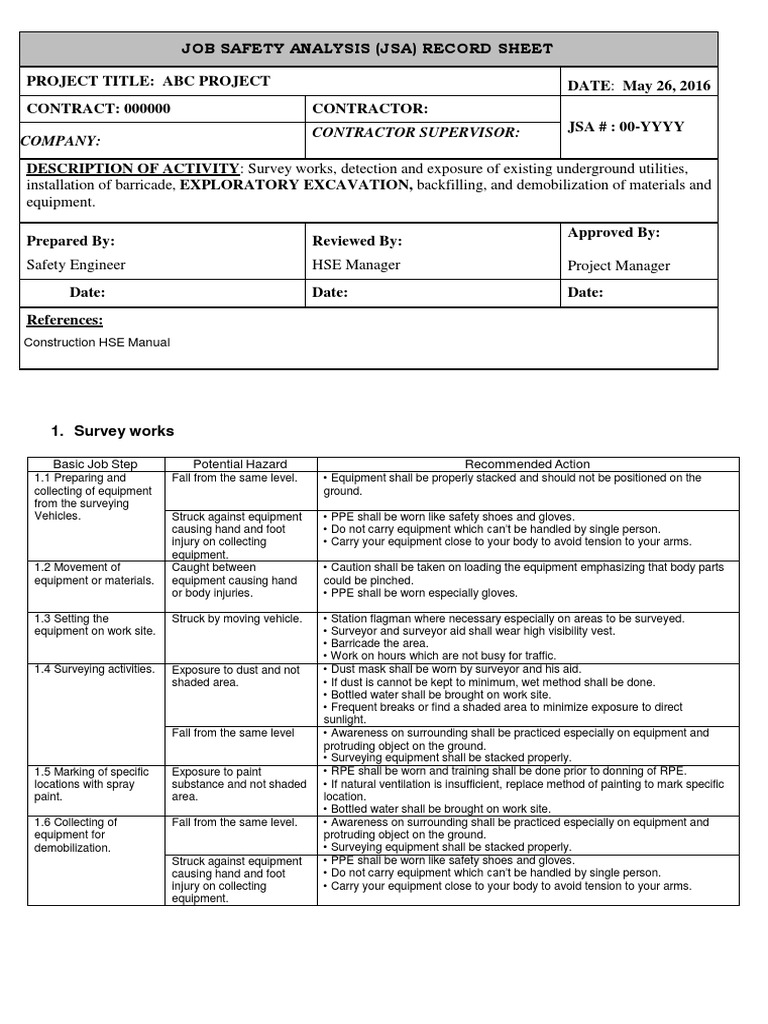 JSA For Excavation Works | PDF | Personal Protective Equipment ...