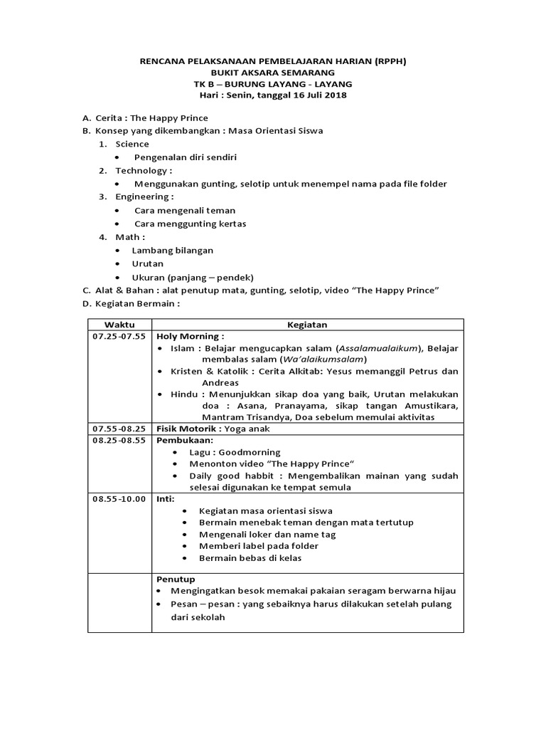 RPPH Kegiatan Orientasi Siswa TK | PDF