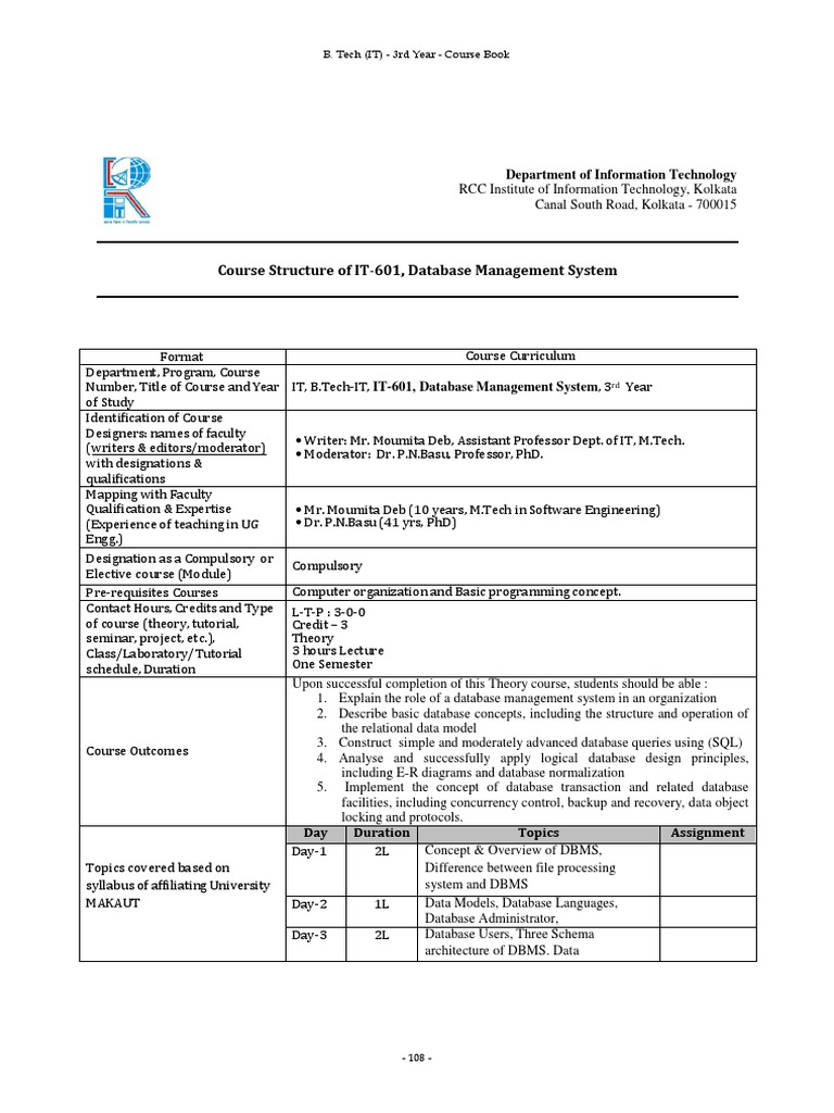 Database Management System Course Structure and Syllabus for 3rd Year B ...