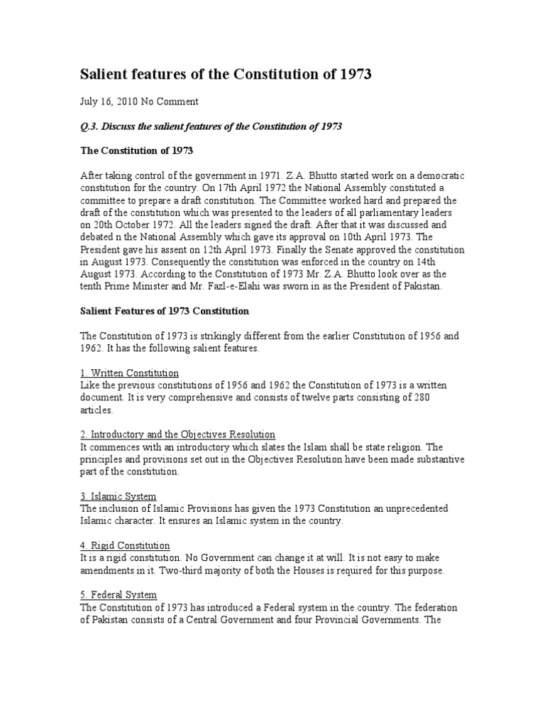 Salient Features of the Constitution of 1973: A Comprehensive Overview ...