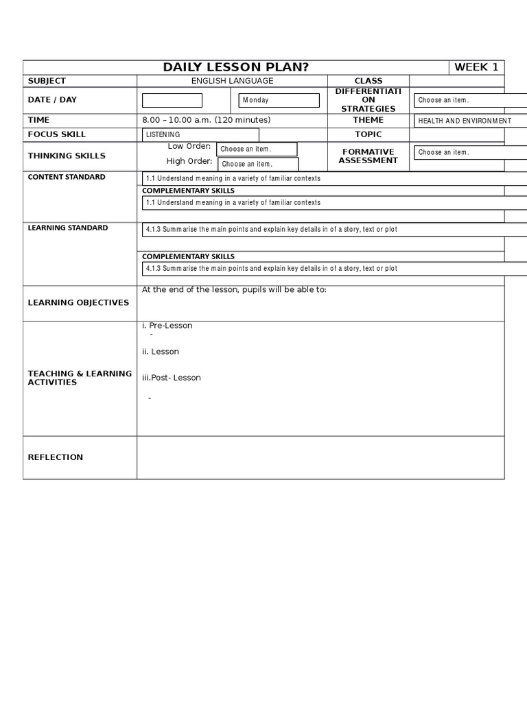 Daily Lesson Plan?: Content Standard Complementary Skills | PDF