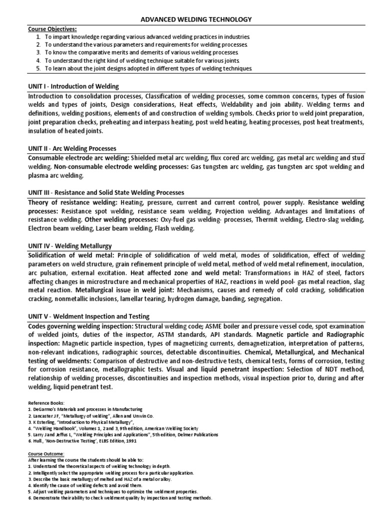 Advanced Welding Technology Syllabus | PDF | Welding | Construction