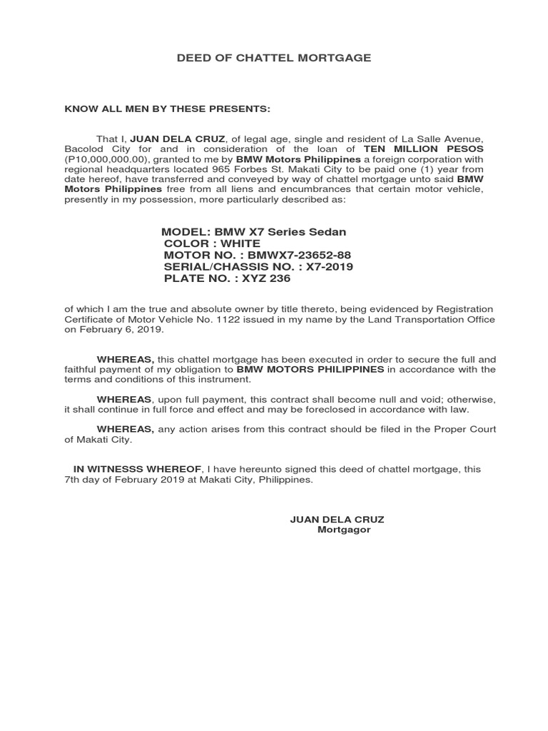 Deed of Chattel Mortgage | PDF | Mortgage Law | Law And Economics