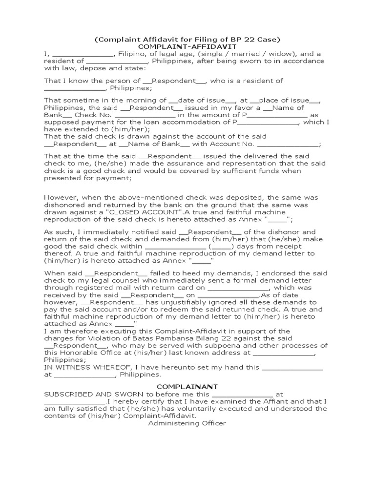 (Complaint Affidavit For Filing of BP 22 Case) Complaint-Affidavit | Download Free PDF | Service ...