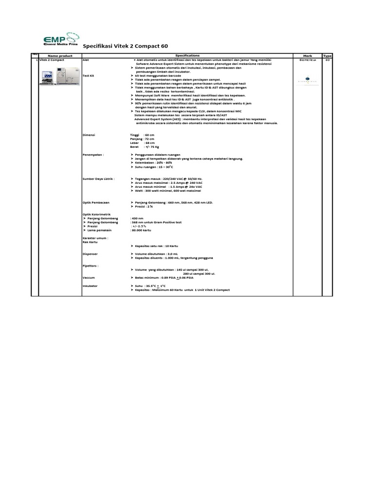 Spesifikasi Vitek 2 Compact | PDF