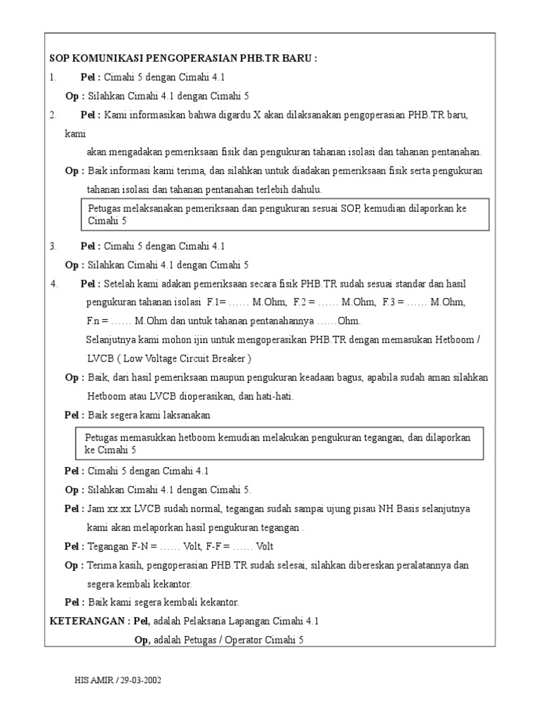 Sop Komunikasi Pengoperasian PHB TR | PDF