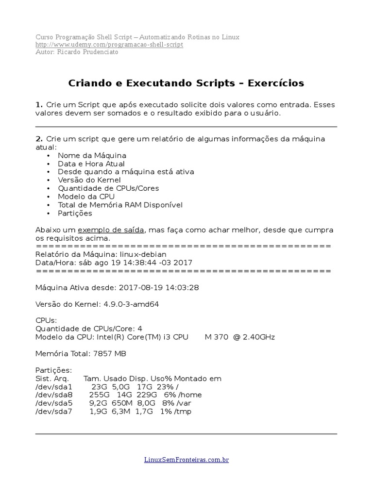 Curso Shell Script Exercícios Iniciais Pdf Linguagem De Script Shell Informática 