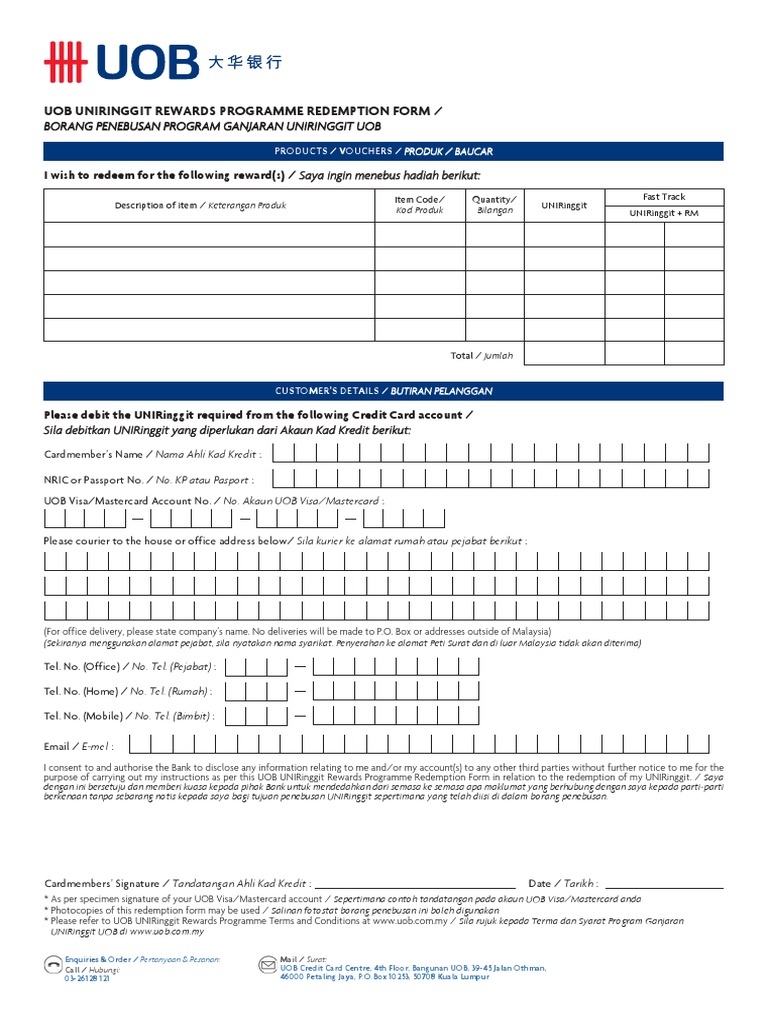Uob Uniringgit Rewards Programme Redemption Form | PDF | Visa Inc ...