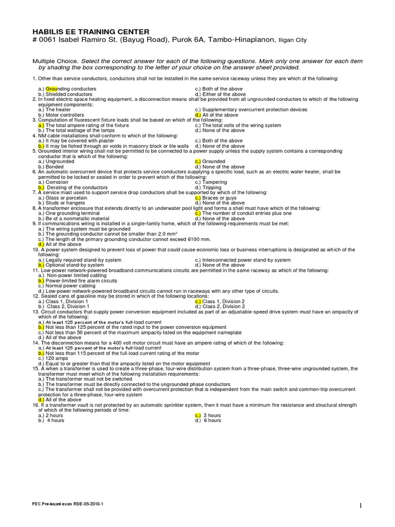 PEC Pre-board Exam RDE-05-2010-1 | PDF | Electrical Wiring | Electrical ...