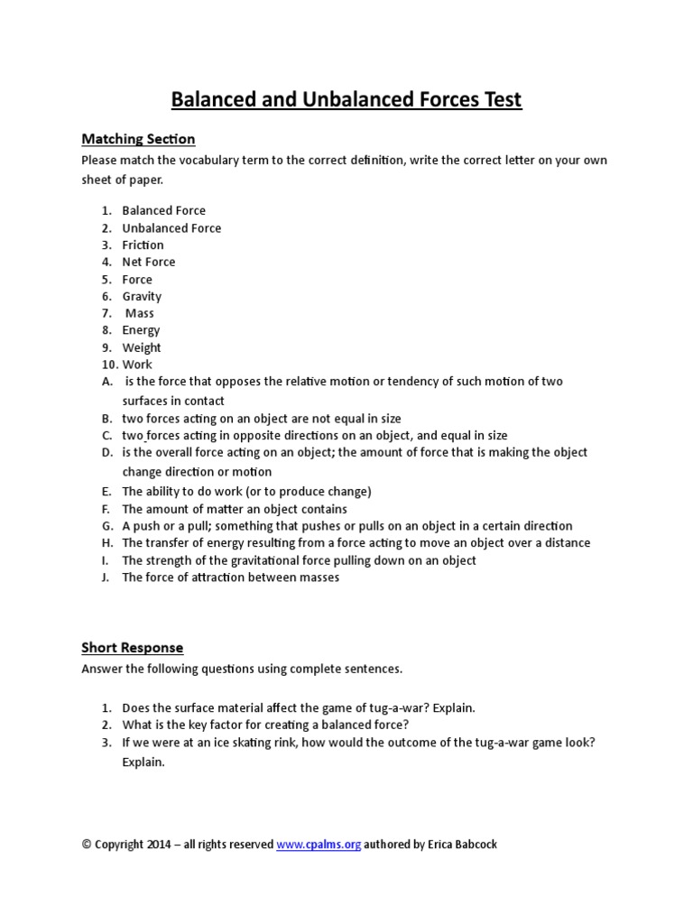 Balanced and Unbalanced Forces Test | PDF
