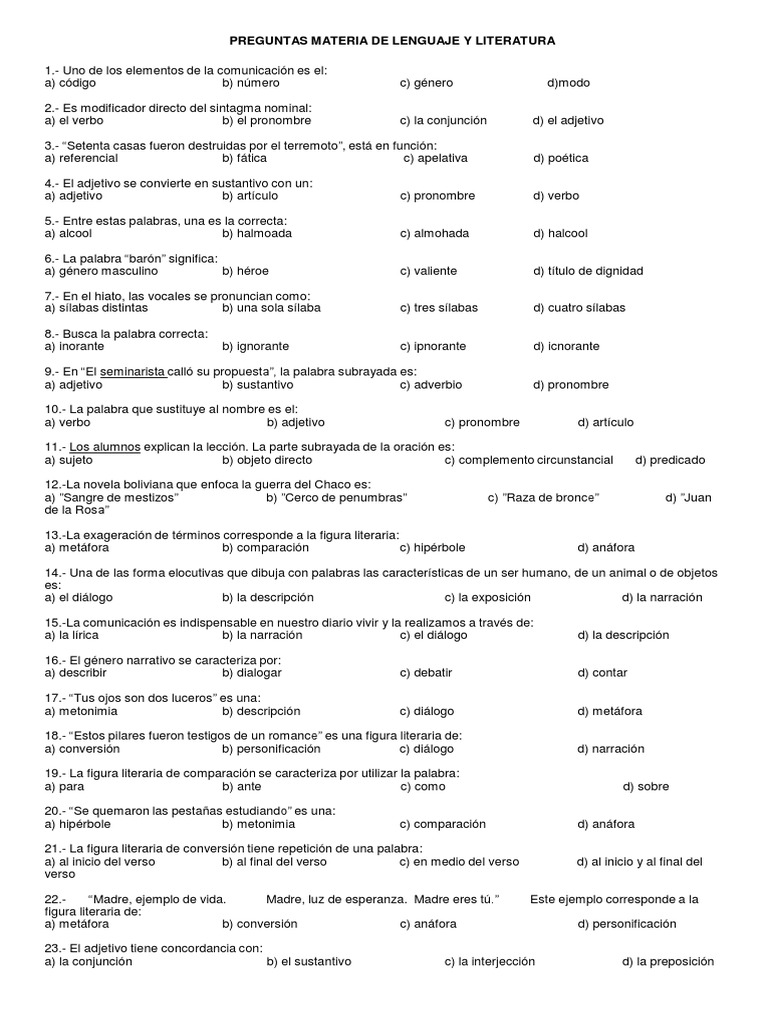 Examen de Literatura | PDF | Adjetivo | Oración (Lingüística)