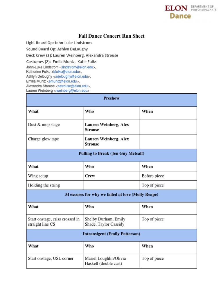 Fall Dance Concert Run Sheet | PDF