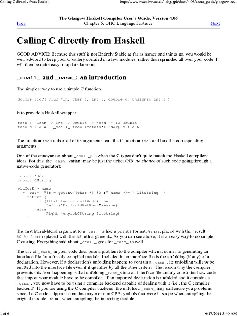 Ccall Casm The Glasgow Haskell Compiler Users Guide Version 406 Pdf C Programming 