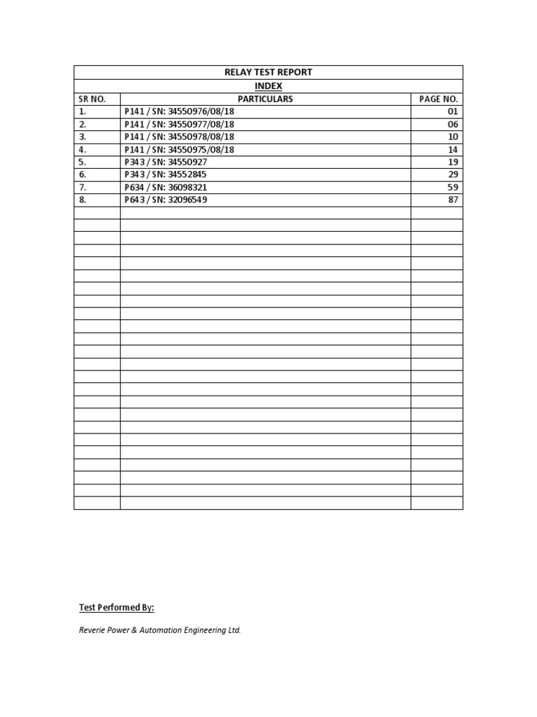 Relay Test Report Index: Particulars | PDF | Technology & Engineering