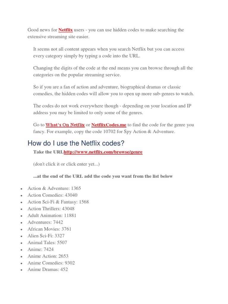 Netflix Codes | PDF | Action Films | Horror Films